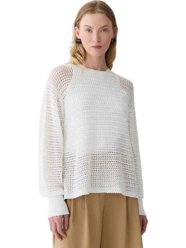 Lafayette 148 New York Fine Cotton Open Knit Long Sleeve Sweater - White