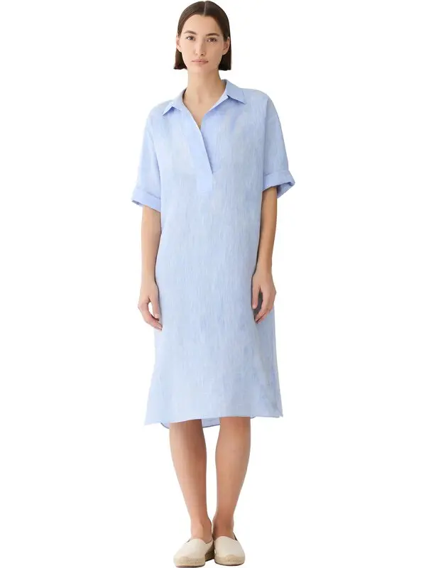 Lafayette 148 New York Organic Linen Short Sleeve Shirt Dress - Delphinium Blue Melange