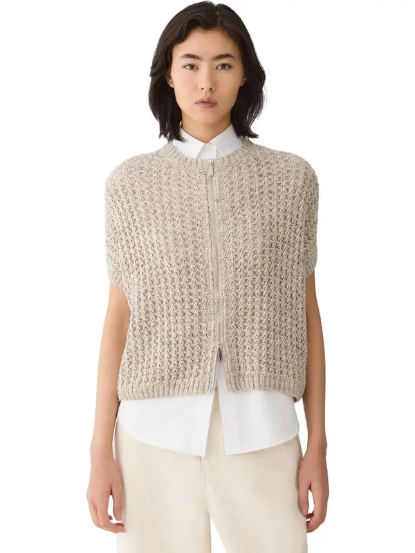 Lafayette 148 New York Metallic Linen Cotton Pointelle Zip-up Sweater Vest - Sandstone Metallic