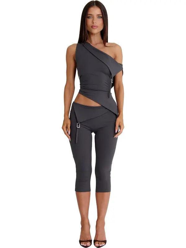 OUTCAST Asymmetrical Crop Top With Hardware Detail - Gray