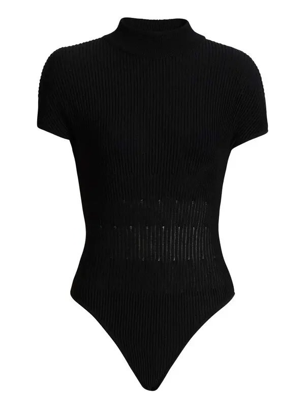 Balmain Ribbed Knit High Neck Short Sleeve Bodysuit - Black