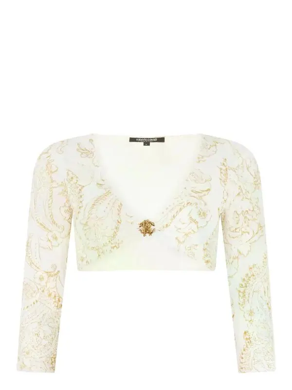 Roberto Cavalli Paisley-print Logo Plaque V-neck Top - Neutrals