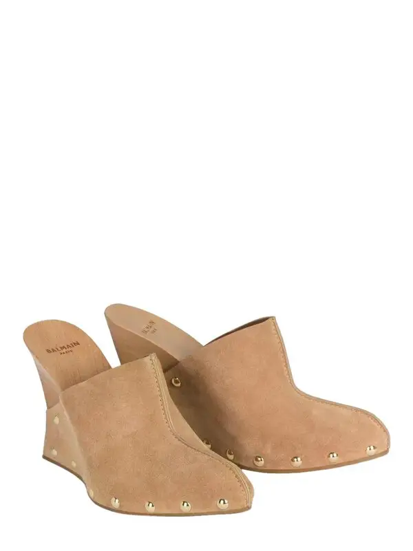 Balmain Suede And Wood Wedge Clogs - Neutrals