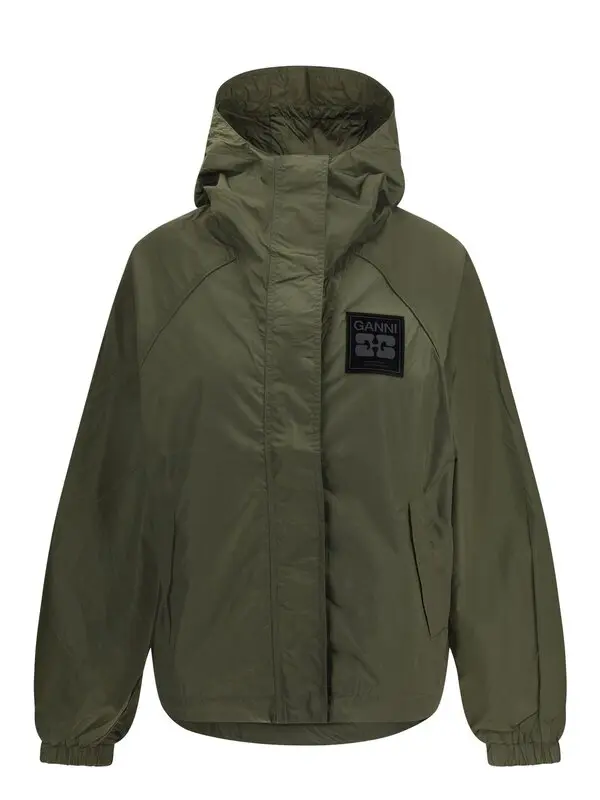 GANNI Waterproof Hooded Jacket With Logo Patch - Green