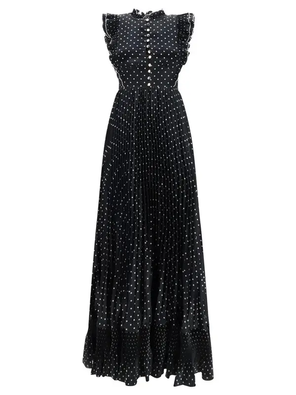 SELF-PORTRAIT Polka Dot Pleated Maxi Dress - Black