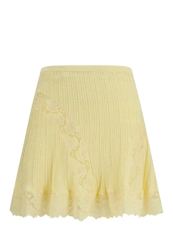 SELF-PORTRAIT Pointelle Knit Lace Mini Skirt - Yellow
