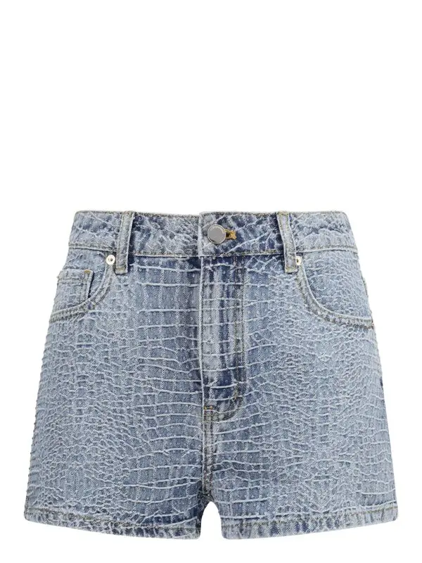 SELF-PORTRAIT Denim Shorts With Croc Effect And Rhinestones - Blue