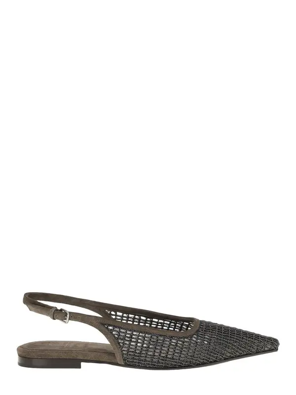Brunello Cucinelli Pointed Slingback Ballerinas With Precious Net Embroidery - Brown