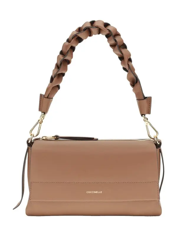 COCCINELLE Boheme Leather Shoulder Bag With Woven Handle - Beige