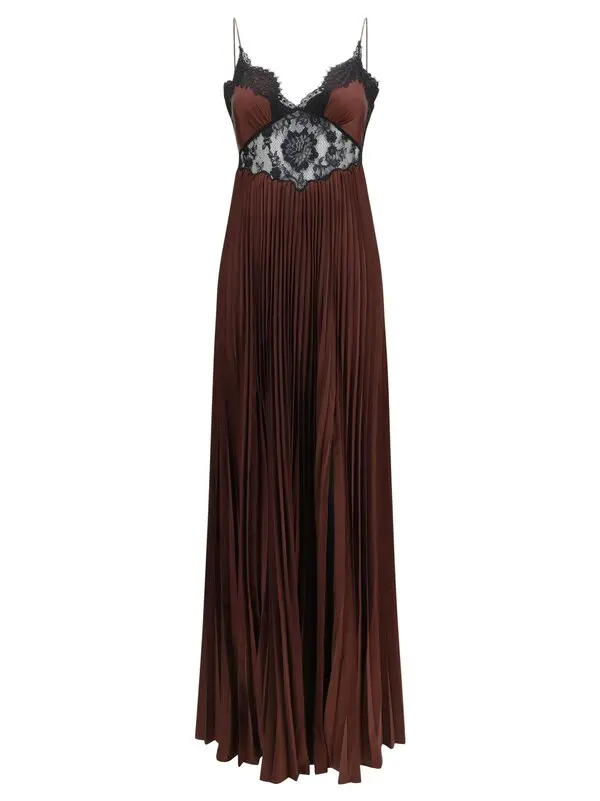 SELF-PORTRAIT Satin Maxi Dress With Lace Inserts And Pleated Skirt - Brown