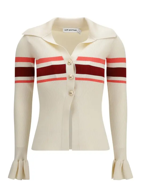 SELF-PORTRAIT Striped Viscose Knit Button-front Top - Cream