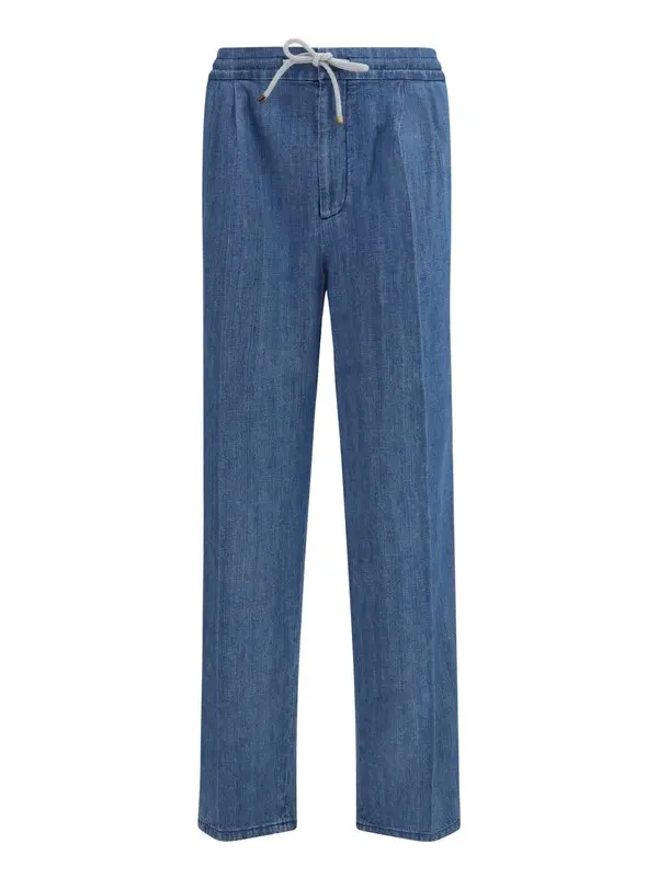 Brunello Cucinelli Lightweight Denim Pants With Drawstring And Double Pleats - Blue