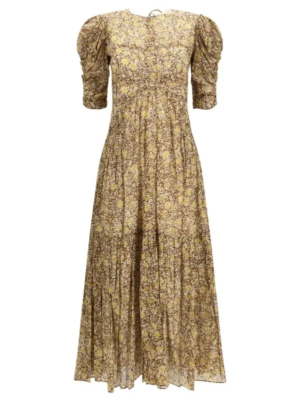 MARANT ETOILE Marant Étoile Floral Print Organic Cotton Maxi Dress With Puff Sleeves - Khaki