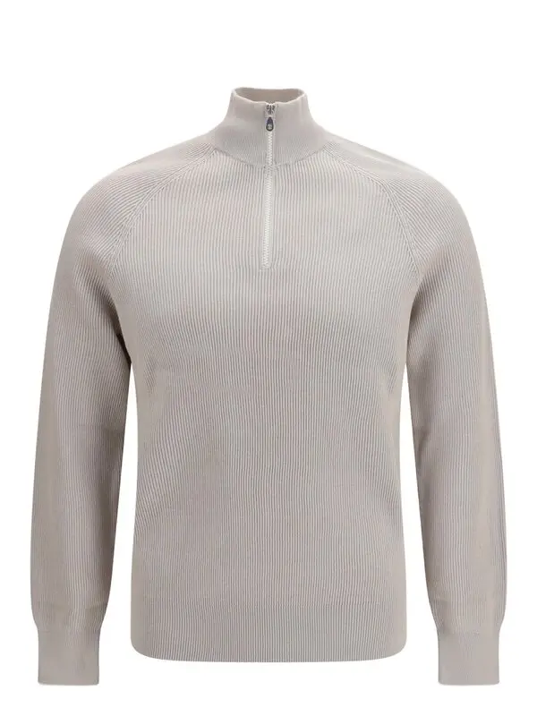 Brunello Cucinelli Ribbed Cotton High Neck Quarter-zip Sweater - Beige