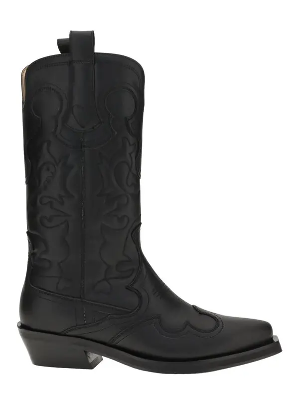 GANNI Embroidered Mid-calf Western Boots - Black