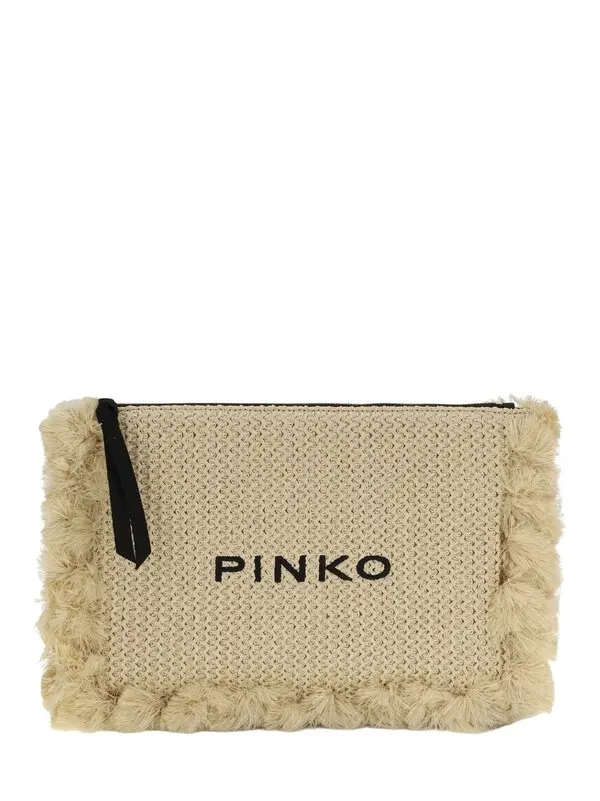 Pinko Raffia Flat Handle Clutch With Fringe Detail - Beige