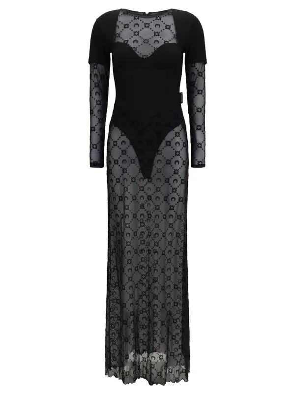 MARINE SERRE Layered Long Dress In Jersey And Mesh - Black