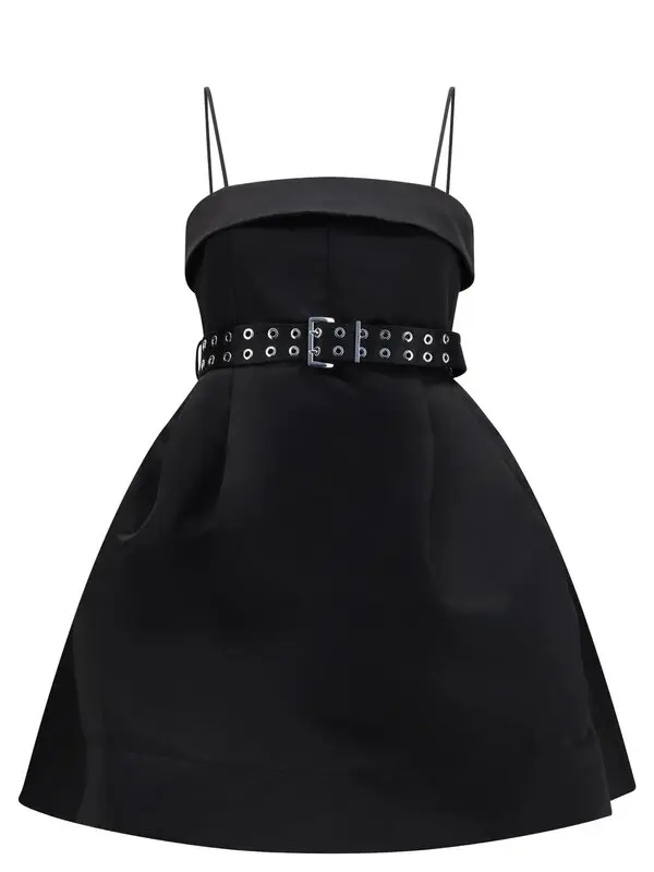 GANNI Short Satin Dress With Full Skirt And Belt - Black