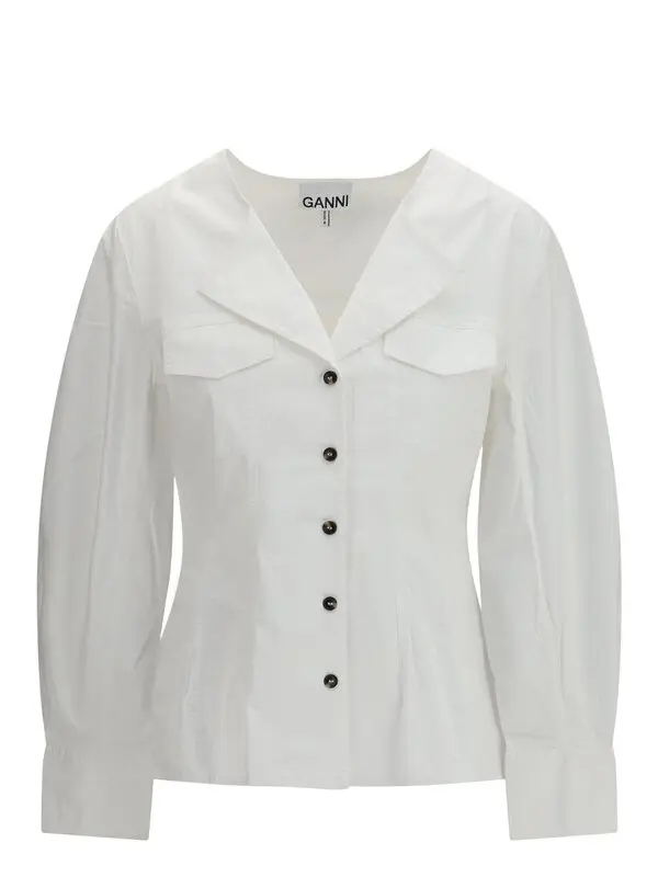 GANNI Long Sleeve Cotton Shirt - White