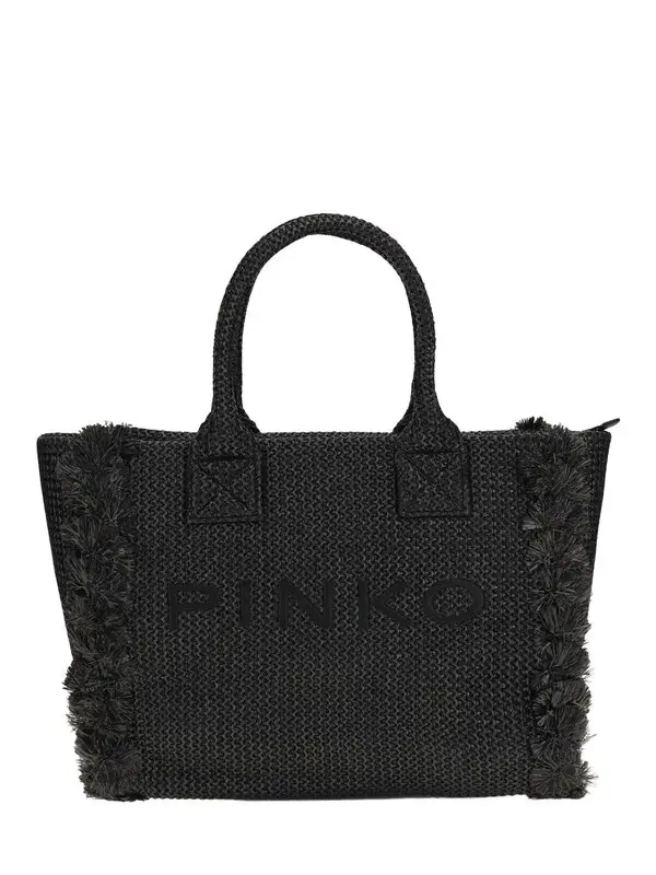 Pinko Medium Raffia Beach Tote Bag With Embroidered Logo And Fringe Detail - Black