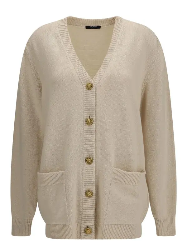 Balmain V-neck Button-up Cardigan With Pockets - Beige