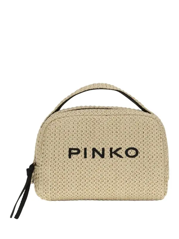 Pinko Raffia Beauty Case With Embroidered Logo - Beige