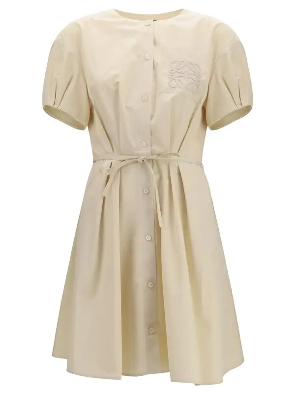 Loewe Short Sleeve Cotton Poplin Dress With Crochet Anagram Embroidery - Beige