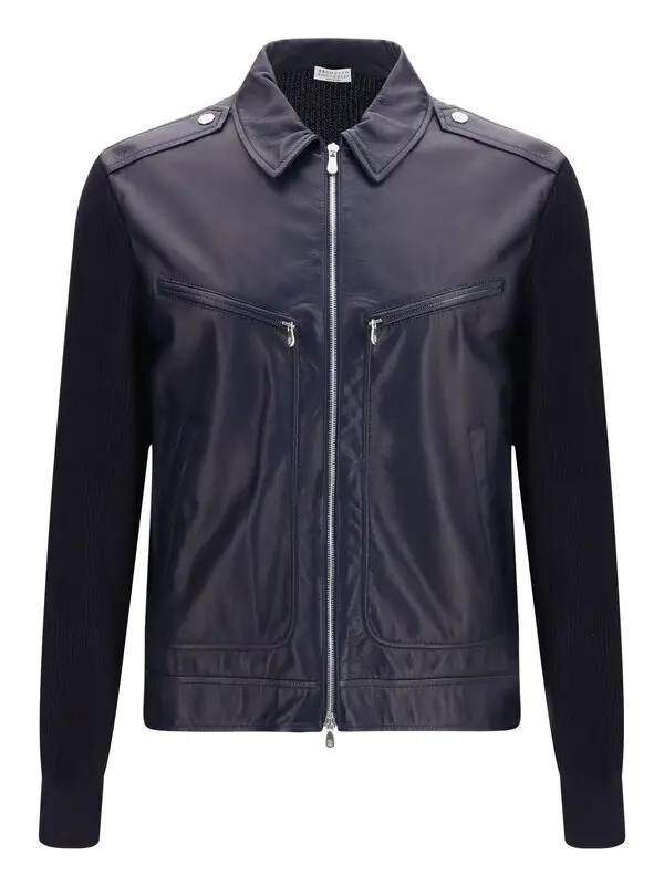 Brunello Cucinelli Leather And Knit Zip-up Jacket - Blue