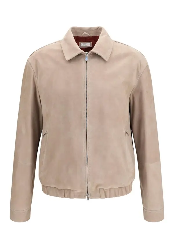 Brunello Cucinelli Leather Zip-up Jacket With Elasticated Hem - Beige