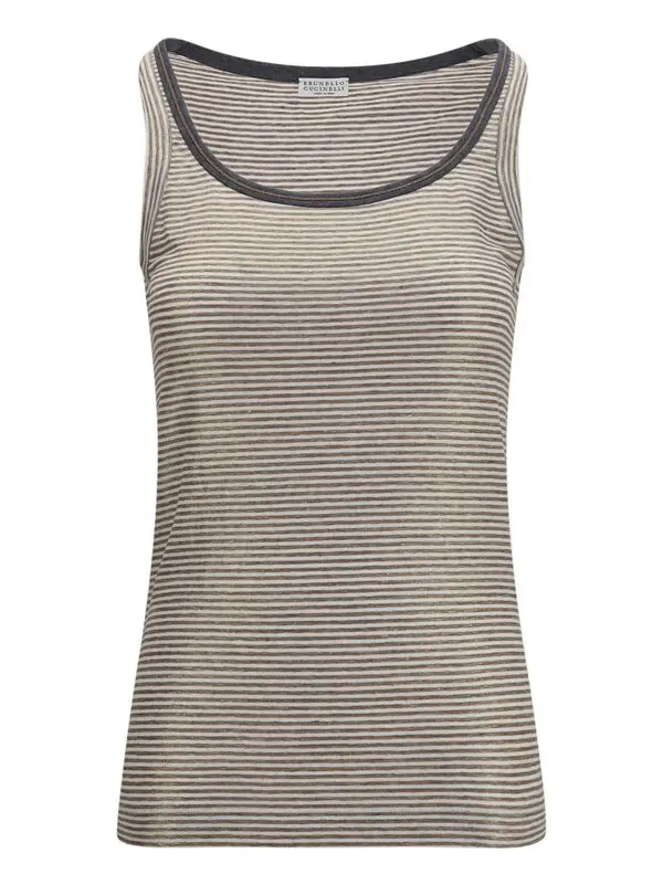 Brunello Cucinelli Striped Linen Lamé Jersey Tank Top - Beige