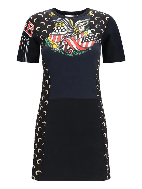 MARINE SERRE Fitted Recycled Jersey Dress With Moon Print Paneling - Black