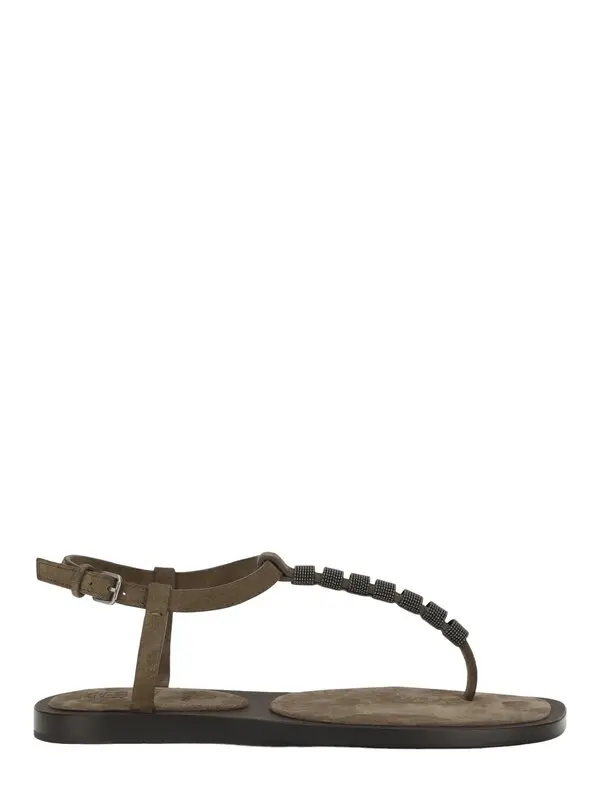 Brunello Cucinelli Embellished Calfskin T-strap Sandals - Brown