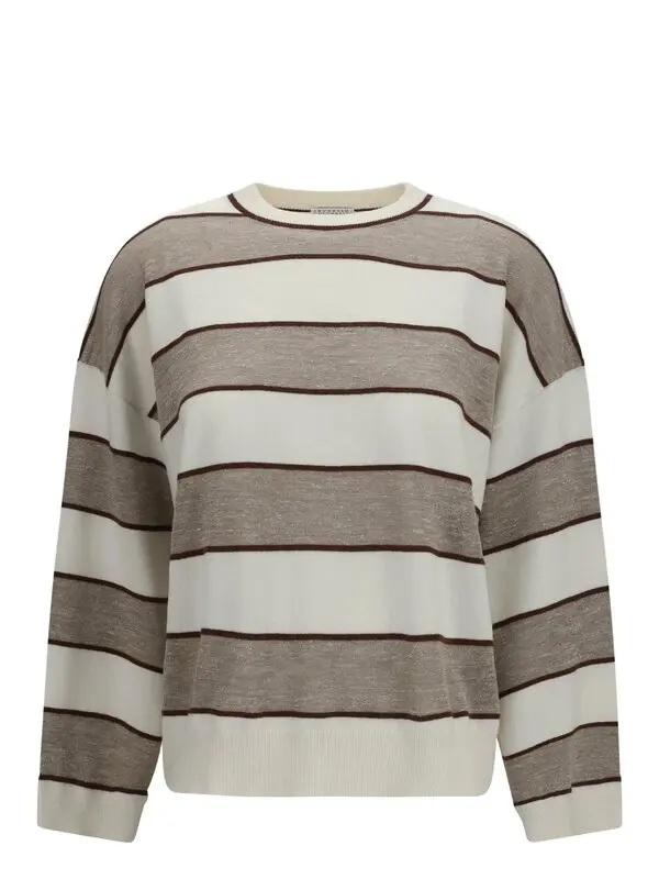 Brunello Cucinelli Striped Long-sleeve Wool Sweater - Beige