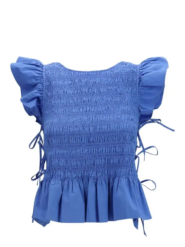GANNI Ruched Cotton Top With Side Bows - Light Blue
