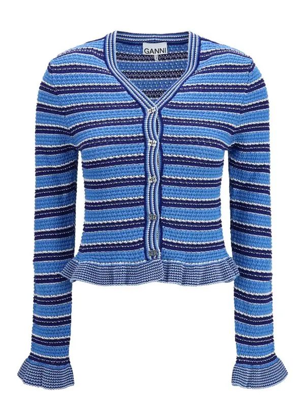 GANNI Striped Crochet Cardigan - Light Blue