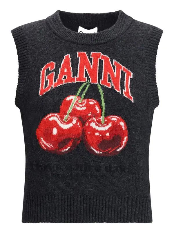 GANNI Wool Vest With Graphic Cherries - Black