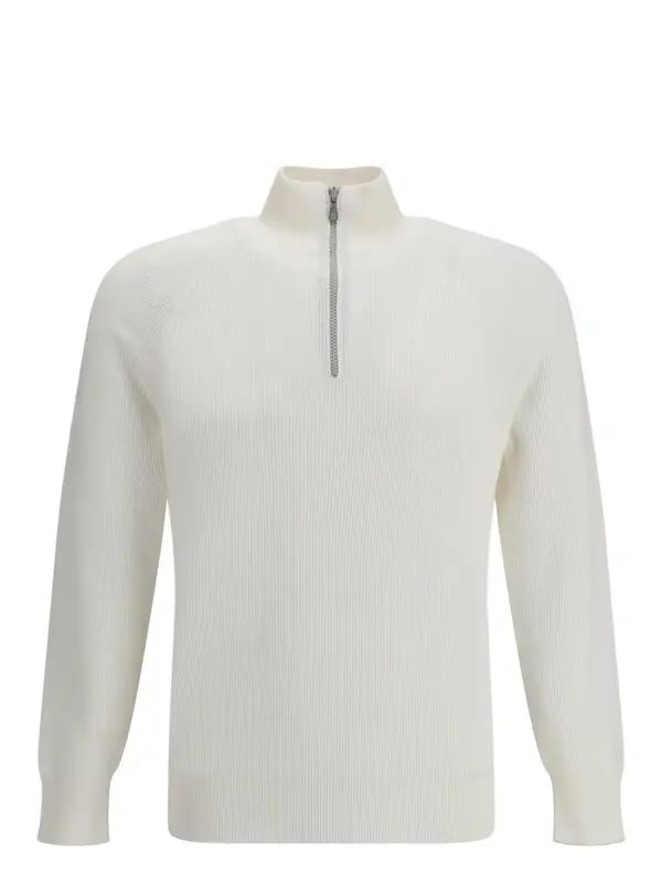 Brunello Cucinelli Ribbed High Neck Half-zip Cotton Sweater - White