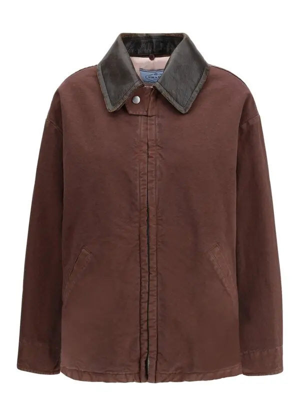 Prada Canvas Peacoat With Leather Collar - Brown