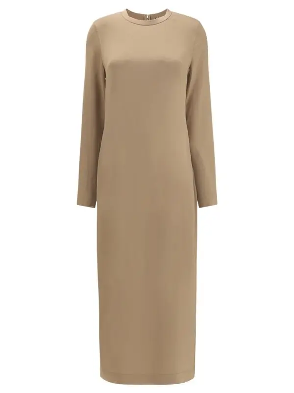 TOTEME Long Satin Dress With Crewneck And Long Sleeves - Brown