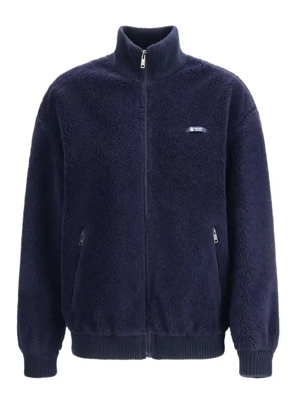 Prada Fleece Zip-up Jacket With Ribbed Collar And Cuffs - Blue