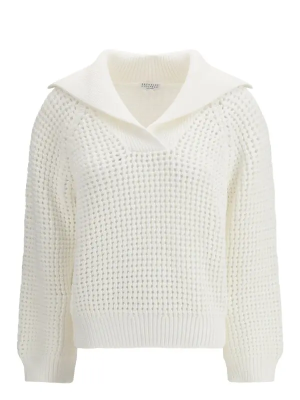 Brunello Cucinelli Chunky Knit V-neck Shirt Collar Jumper - White