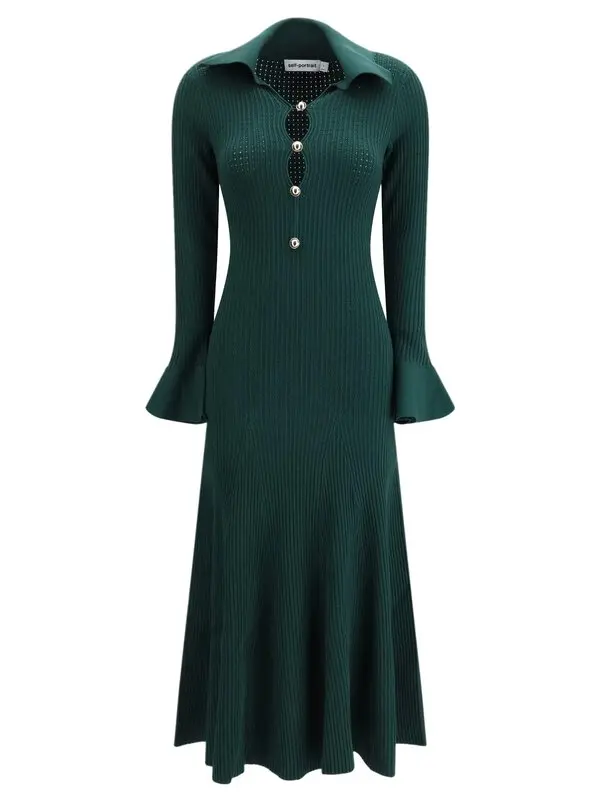 SELF-PORTRAIT Keyhole Knit Midi Dress With Embellished Buttons - Green