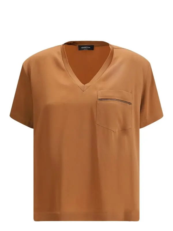 Fabiana Filippi V-neck Short Sleeve T-shirt With Embellished Pocket - Beige