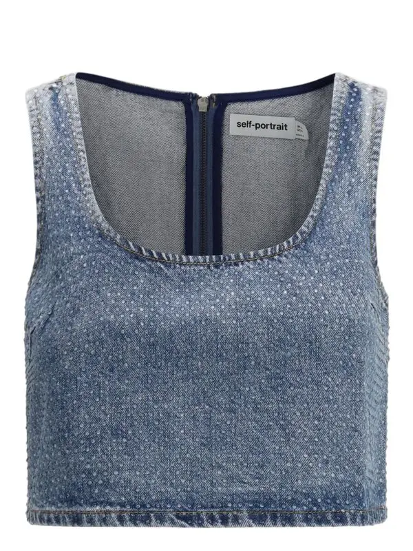 SELF-PORTRAIT Rhinestone Embellished Denim Crop Top - Blue