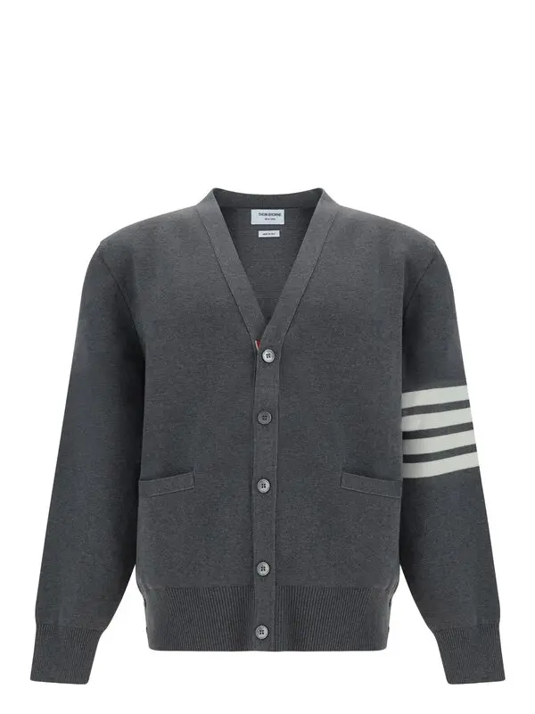 Thom Browne Cotton V-neck Cardigan With Signature Stripes - Grey
