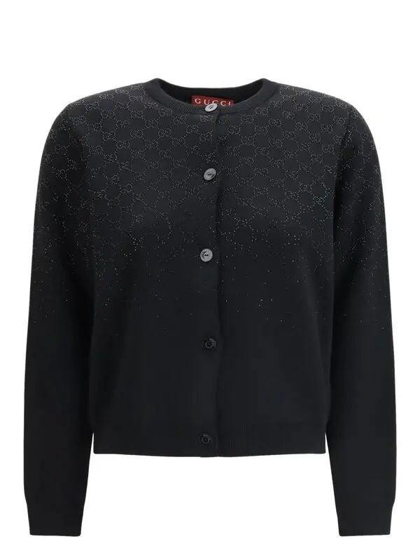 Gucci Long-sleeve Crew-neck Cardigan With Gg Crystal Embellishment - Black