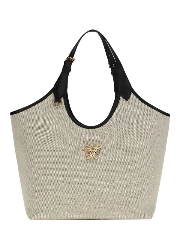 Versace La Medusa Tote Bag In Calf Leather And Fabric - Beige