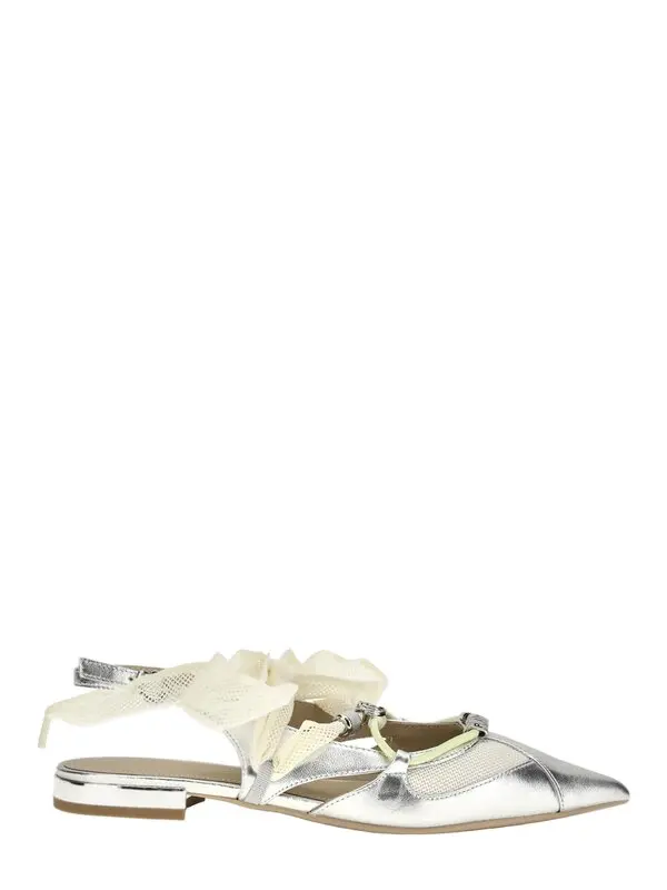 Pinko Metallic Leather Gianira Ballerinas With Ribbon Ankle Wrap - Silver