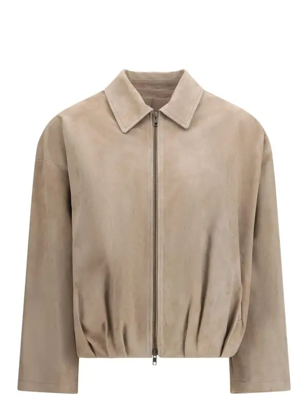 SALVATORE SANTORO Suede Zip-up Jacket With Classic Collar And Pleated Hem - Beige