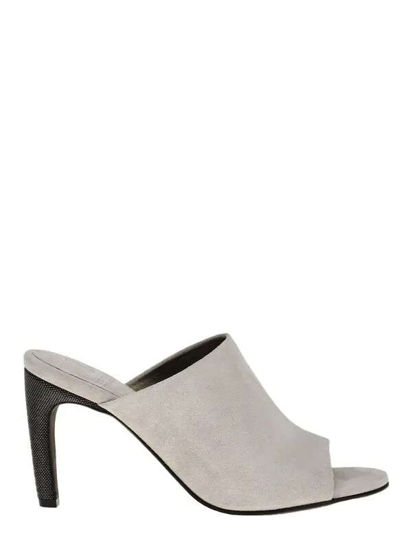 Brunello Cucinelli Suede Mules With Embellished Heels - Grey